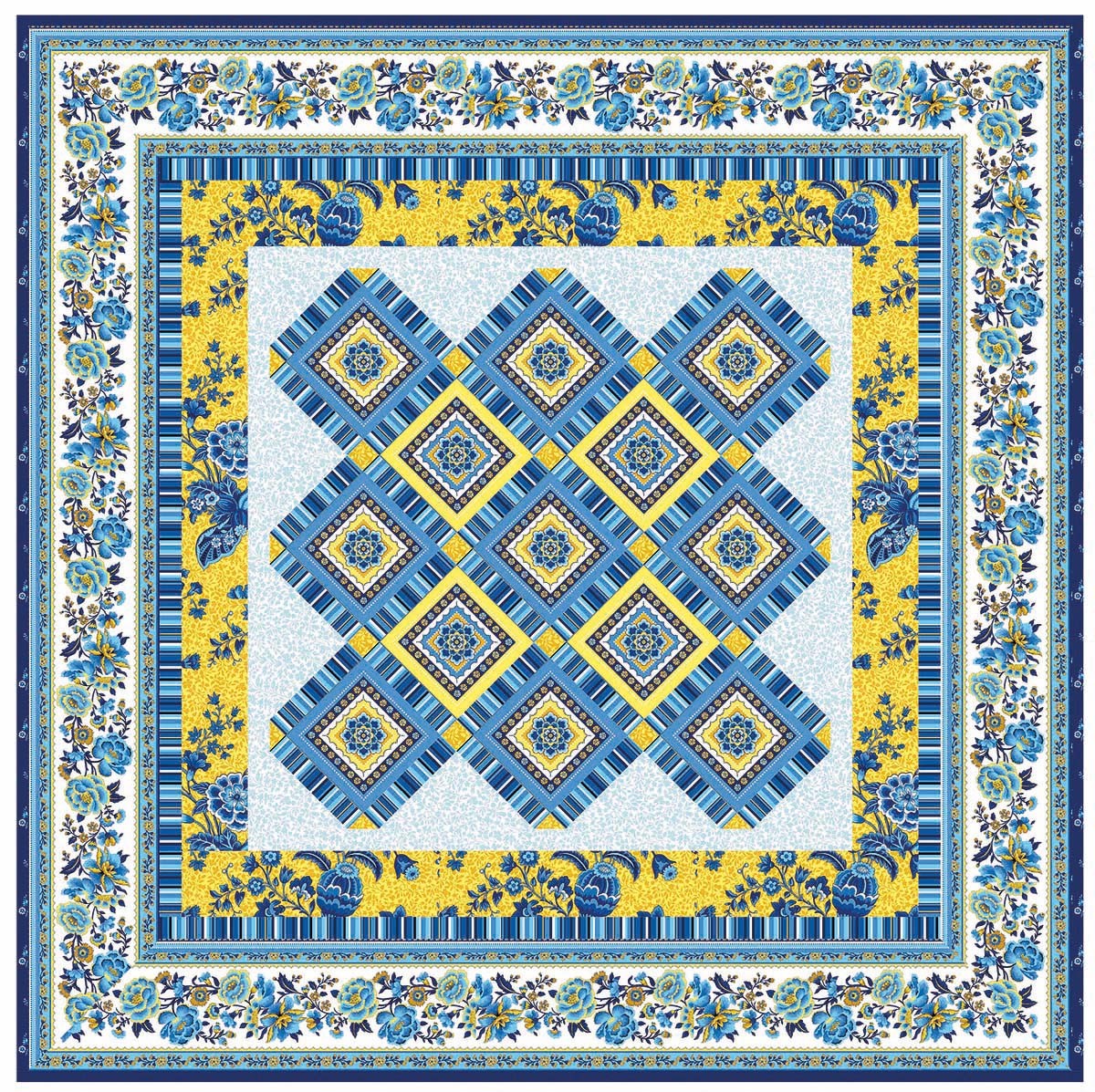 Provencial La Fleur Tiles Fuzzy Cut Border Blue Quilt by Diane Nagle